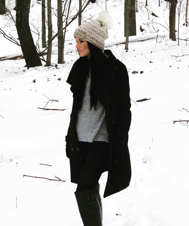 Hand Knit Slouch Beanie: Slouchy Wool Toque With Vegan Fur Pom - Etsy