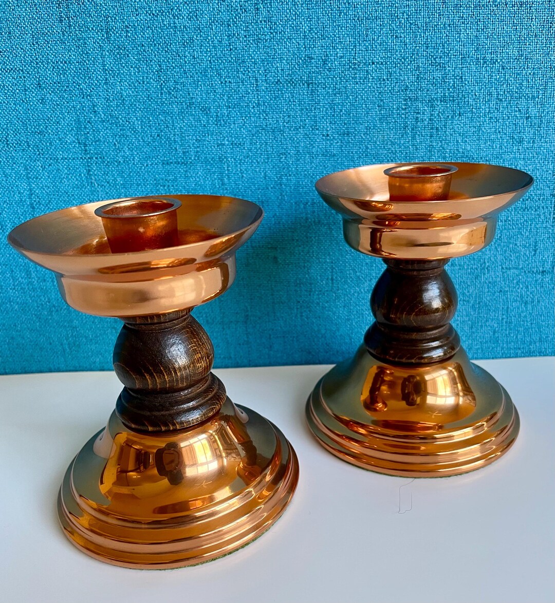 Vintage Copper Candle Holders Coppercraft Guild Wood 4.5