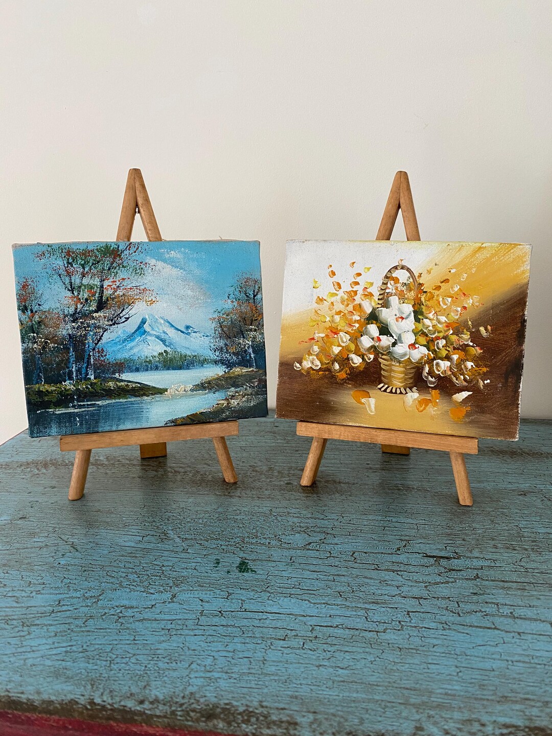 Vintage Pair of Small Oil Paintings on Canvas With Mini Easels Gallery ...