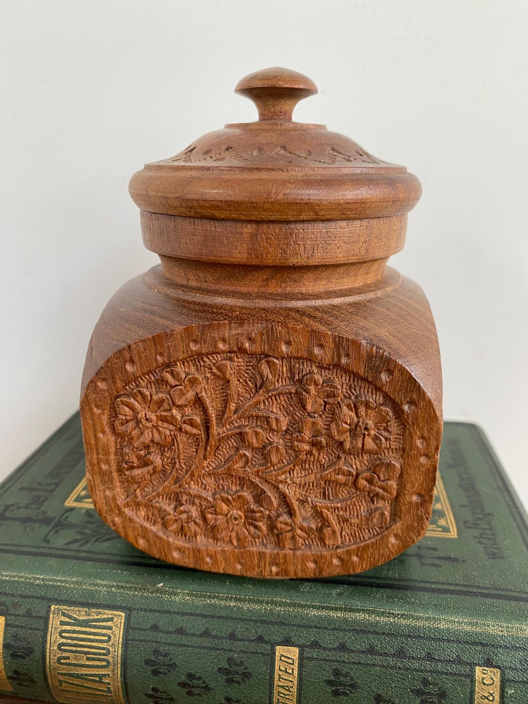Vintage Hand Carved Indian Wooden Spice Tobacco Lidded Jar Signed ...