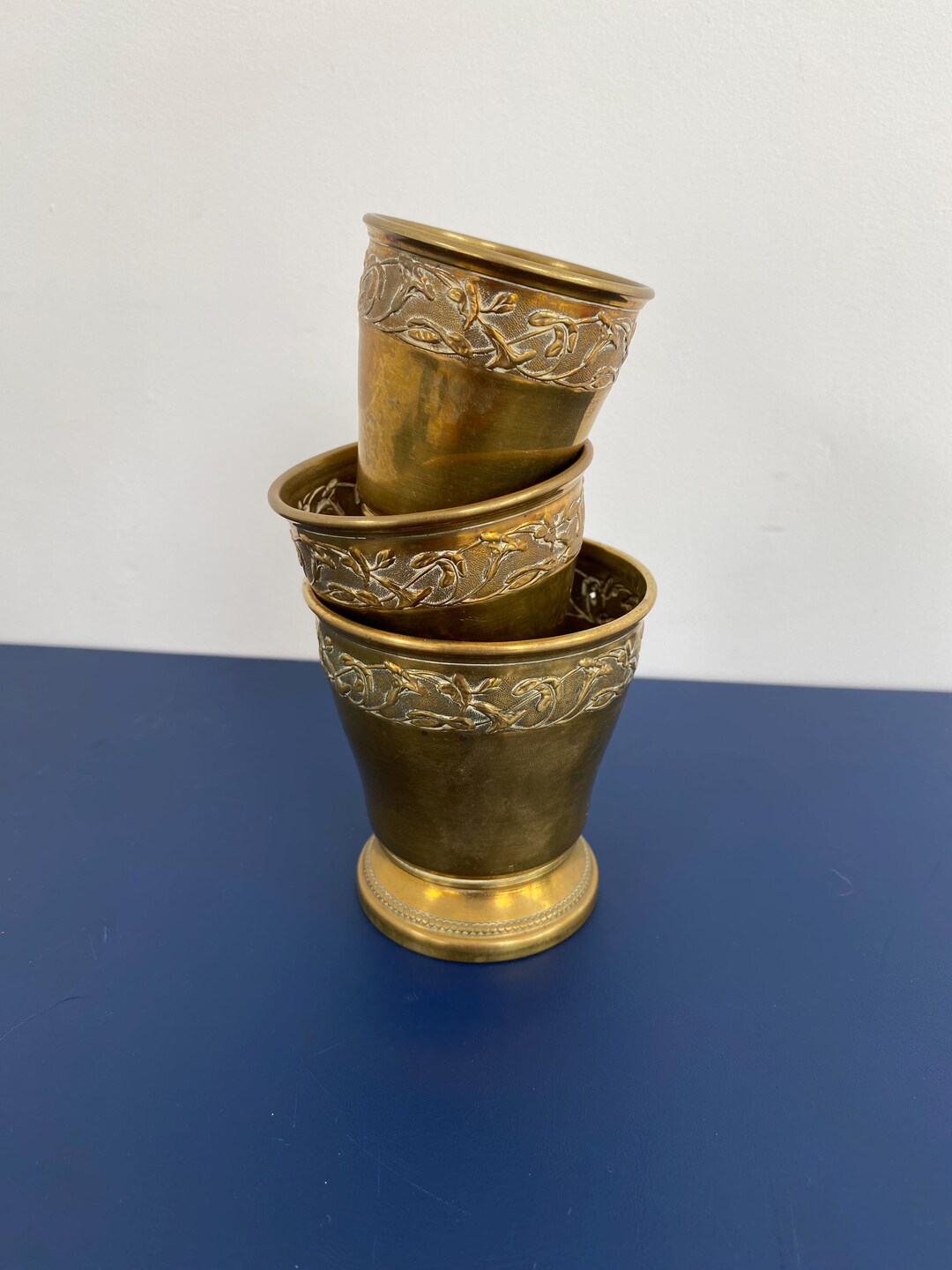 Three Antique French Brass Measuring Cups Embossed Floral Design Art ...