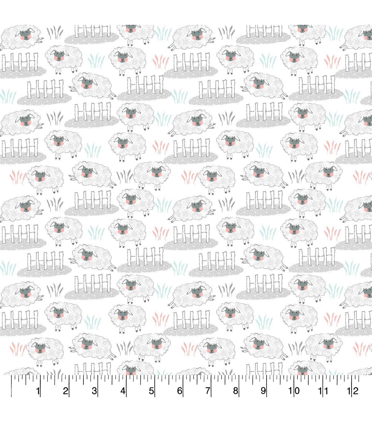 Cotton Nursery Flannel Fabric - Whimsy Animals Sheep, Fence, Farm, Teal ...
