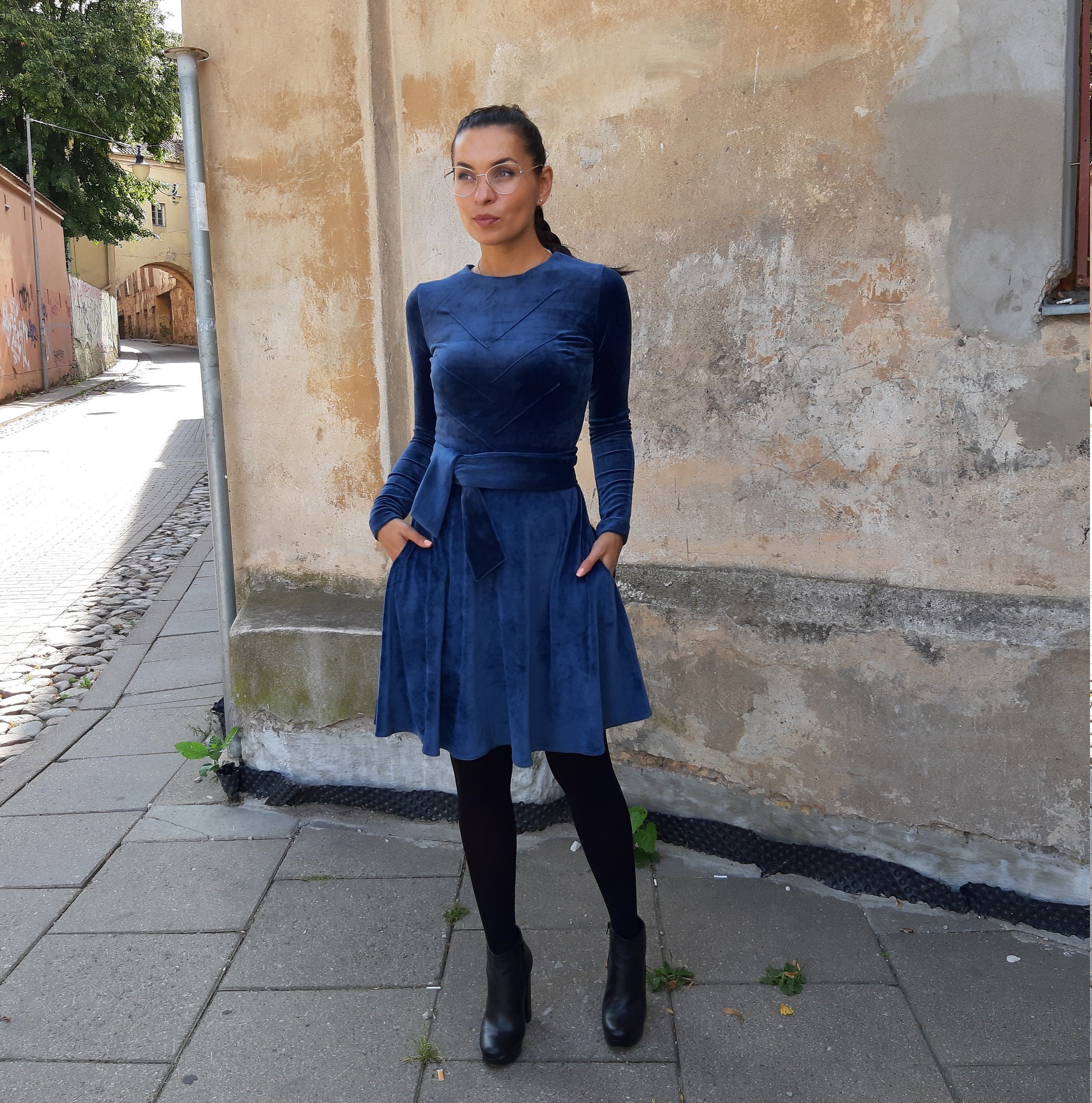 Goneryl Blühen Stoff Blaues Strickkleid Strumpfhose Chinakohl Statisch