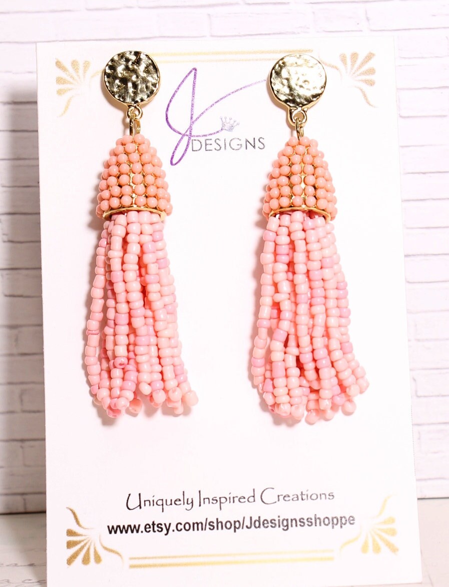 Pink Beaded Fringe Earrings, Light Pink Dangle Seed Bead Earrings ...