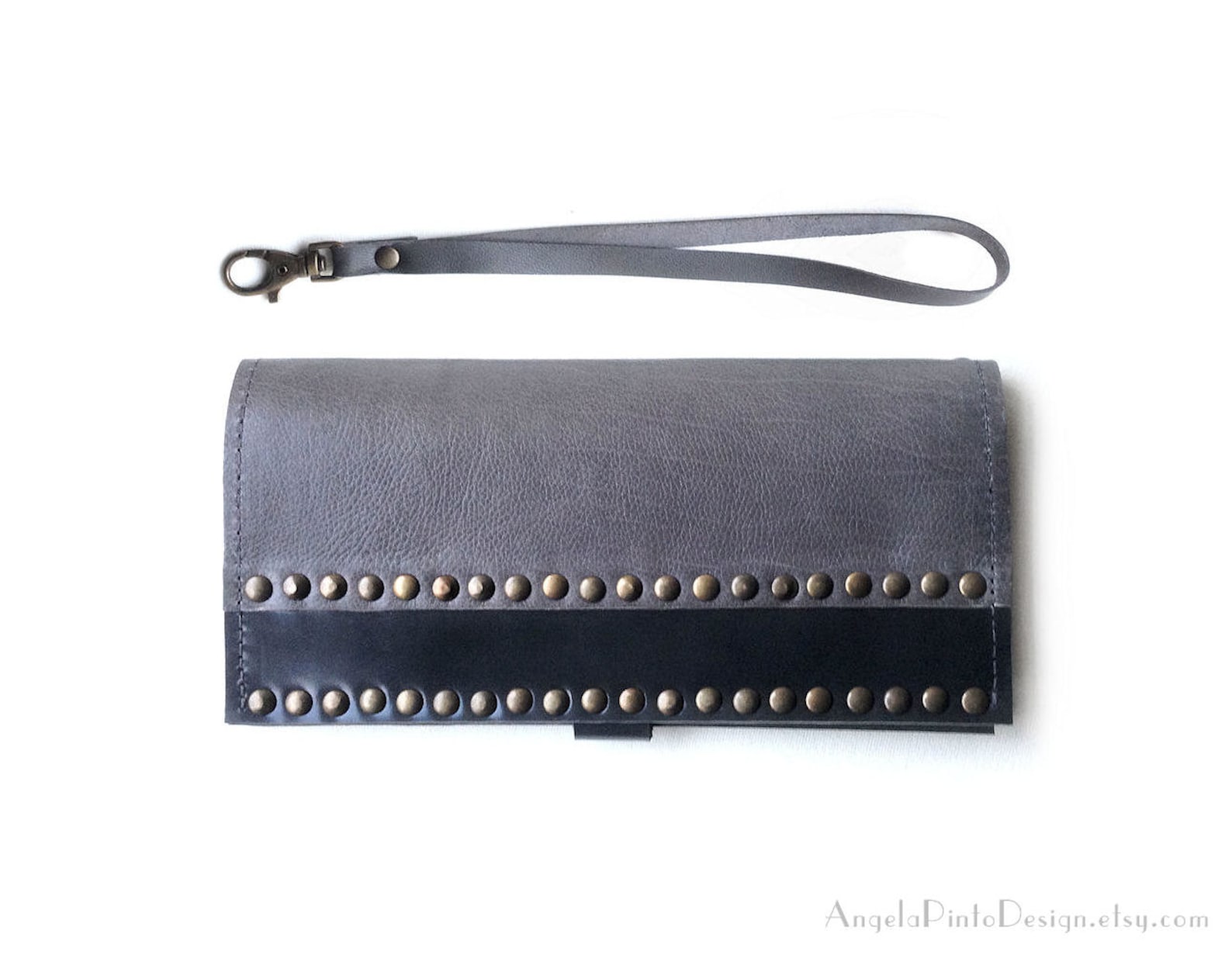 Leather Wristlet Clutch Wallet, Gray Cell Phone Wallet With Studs as ...