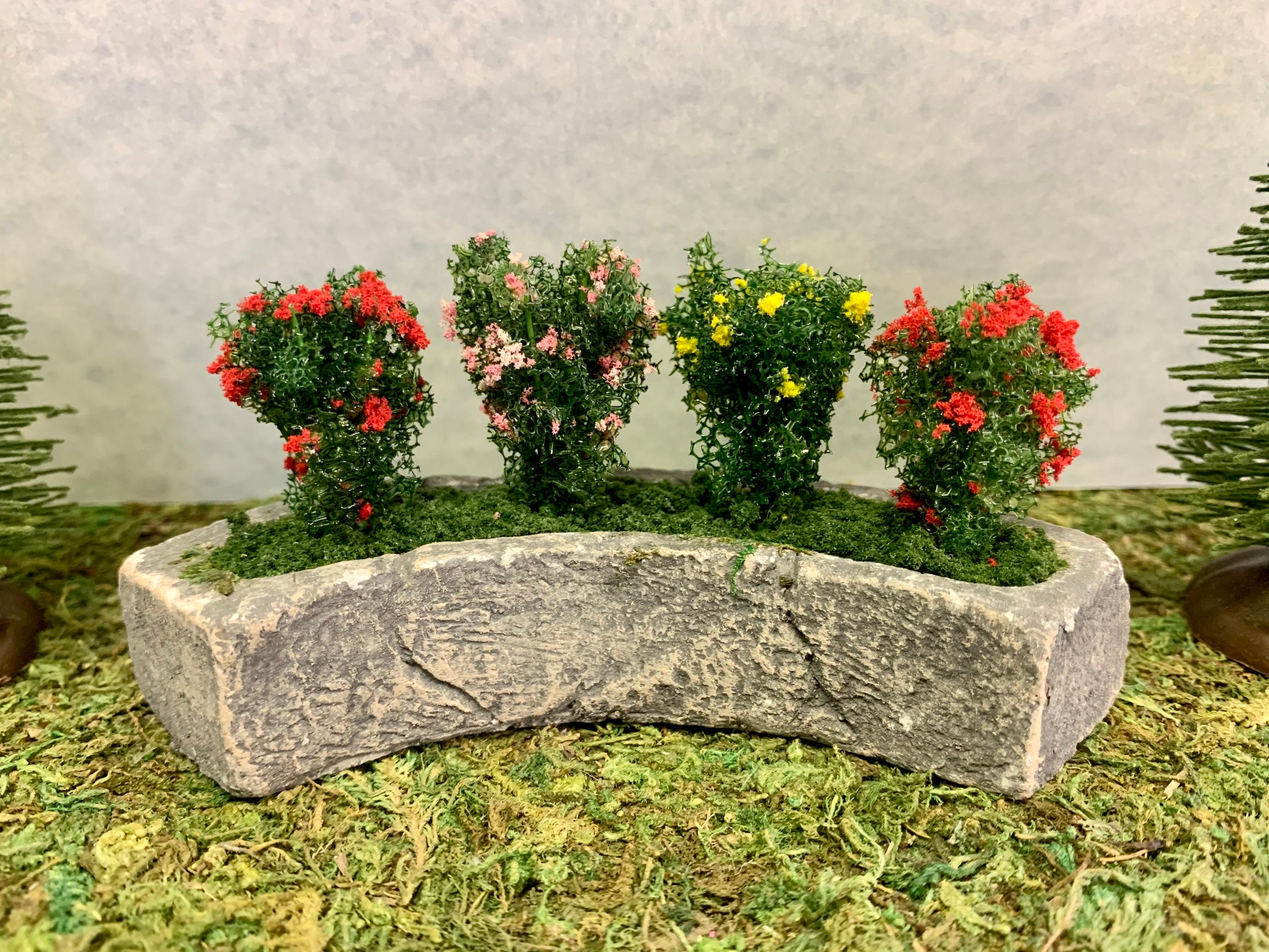 Miniature Curved Stone Planter With Flowers Pink Red Yellow | Etsy