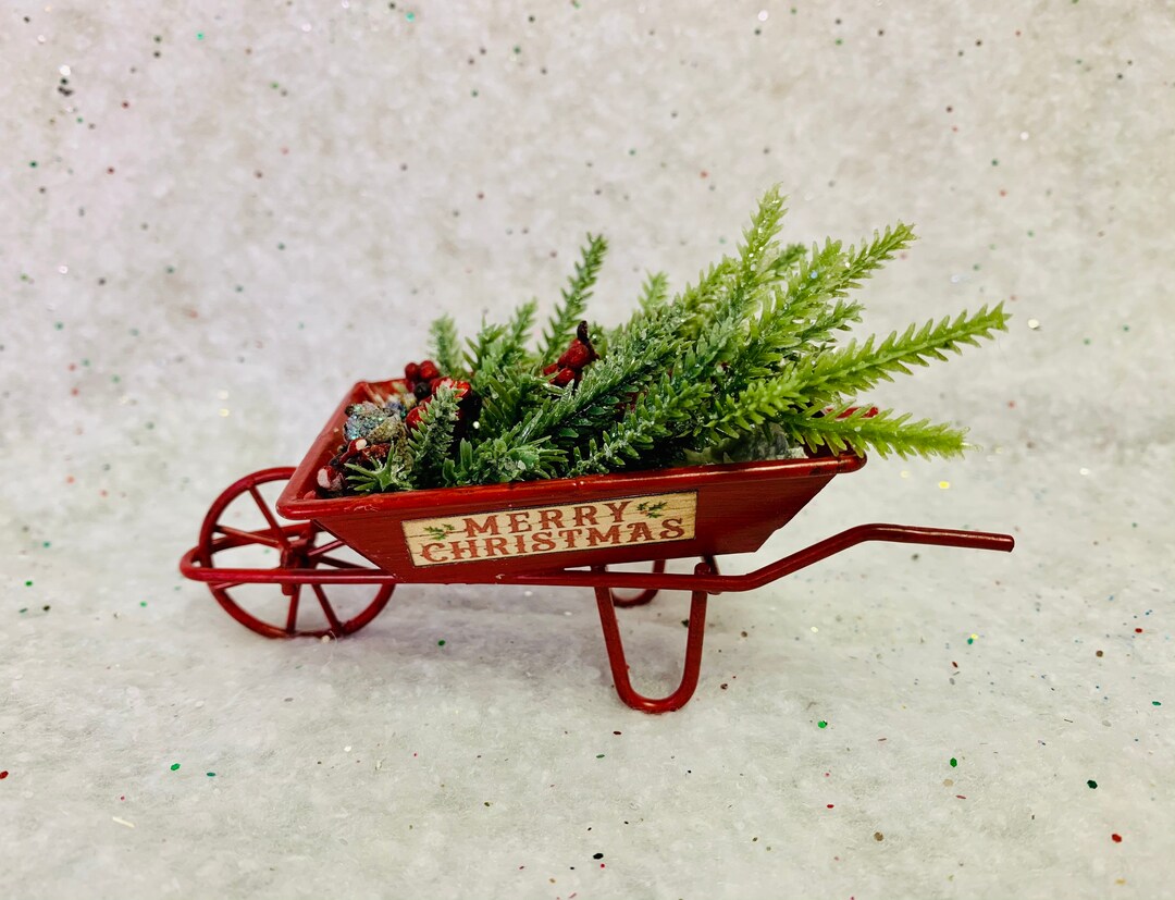 Miniature Red Wheelbarrow With Pine Boughs Berries - Miniature ...
