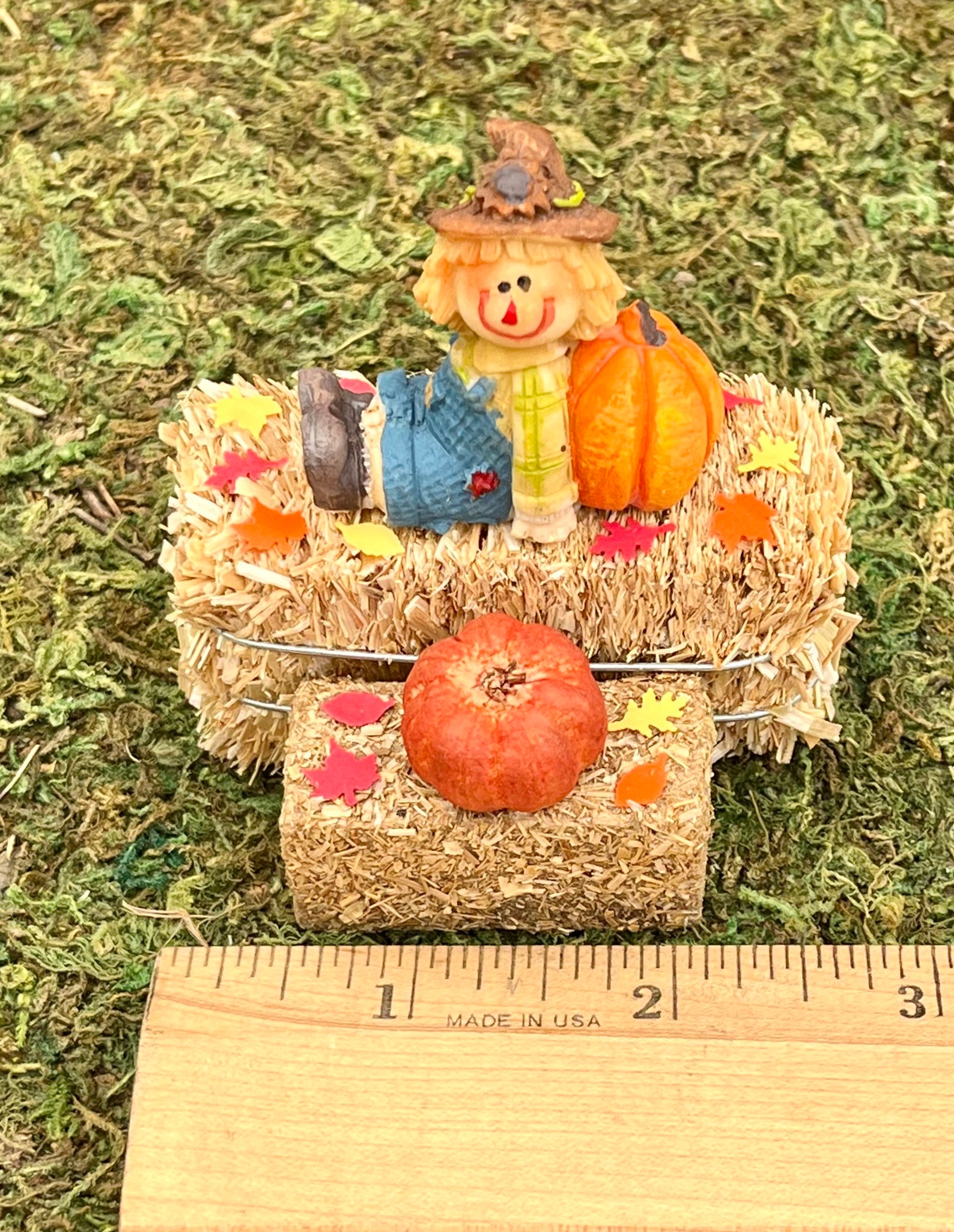 Miniature Scarecrow on Hay Bale With Pumpkin Leaves Fall - Etsy
