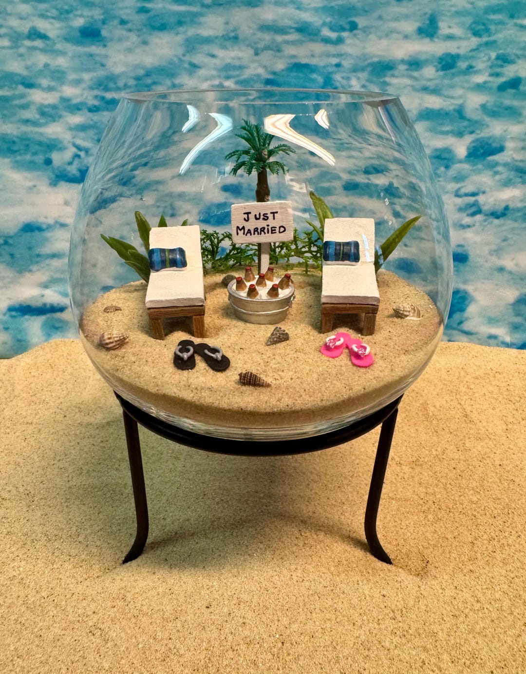 Miniature Beach Scene in Glass Terrarium - Just Married - Beach ...