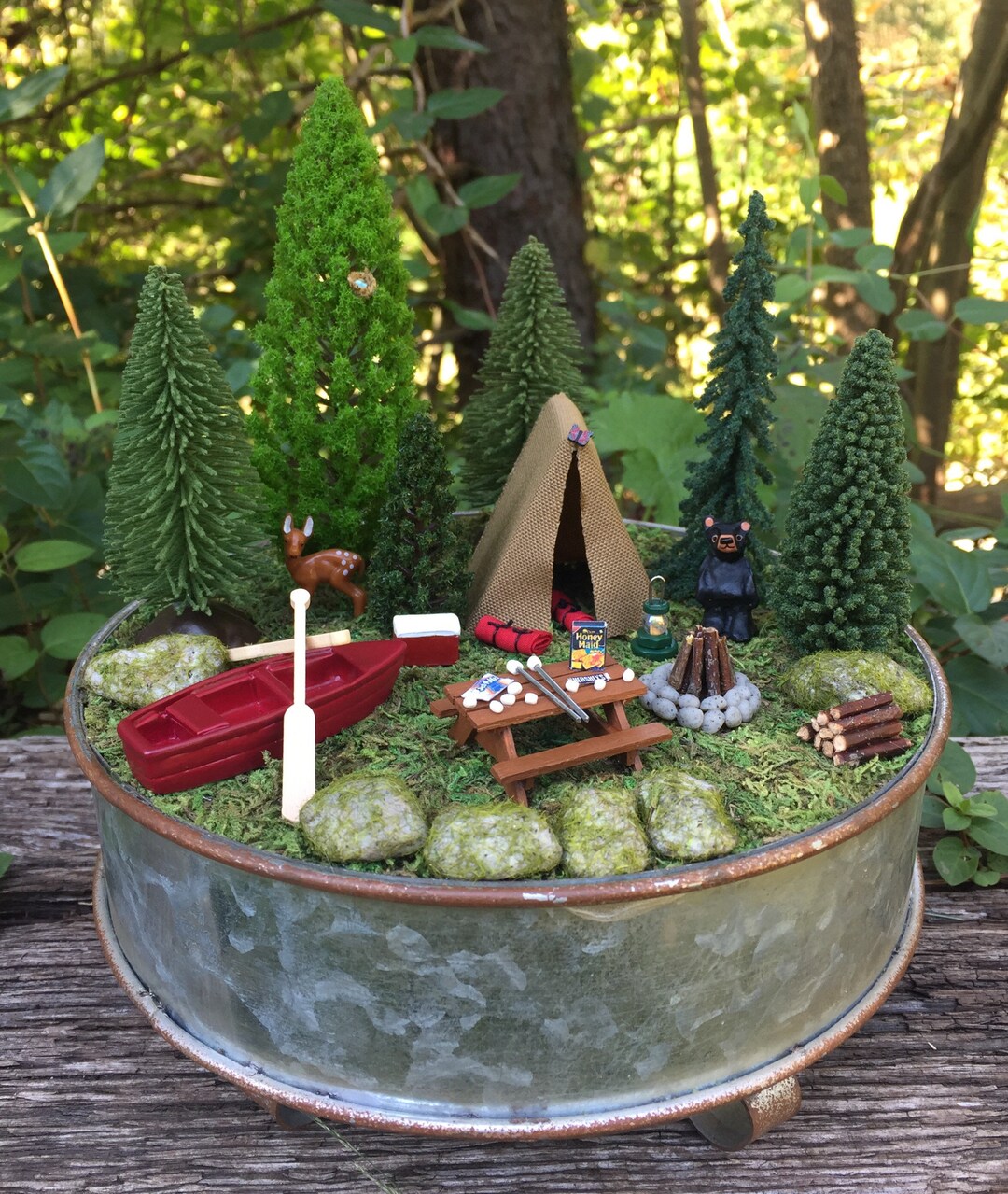 Miniature Camping Scene With Canoe Tent Deer and Bear enjoy the ...