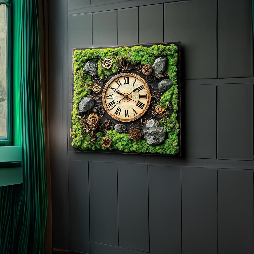Rustic Wooden Wall Clock Moss Wall Art Moss Art Moss Wall Clock Moss ...