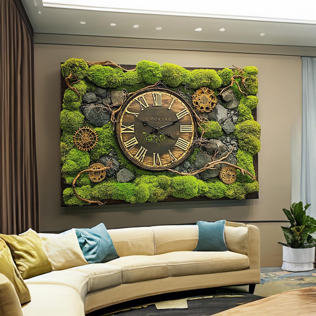 Wood Wall Clock-moss Wall Art Moss Art Moss Wall Clock, Moss Art With ...