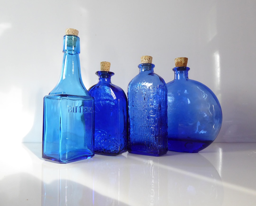 Collection of Small Vintage Blue Glass Bottles - Collectible Blue Glass ...