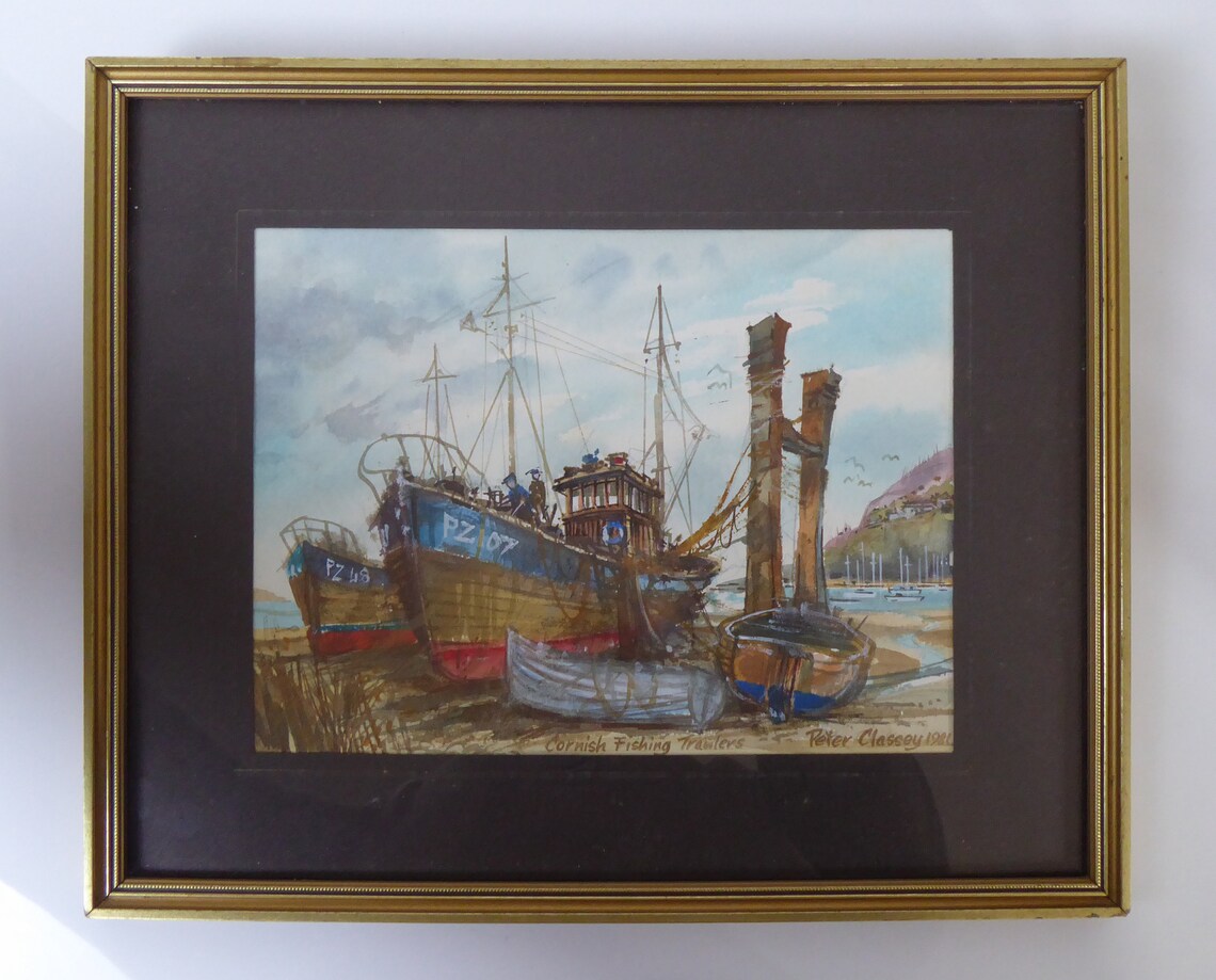 Cornish Fishing Trawlers Vintage Original Watercolour - Etsy