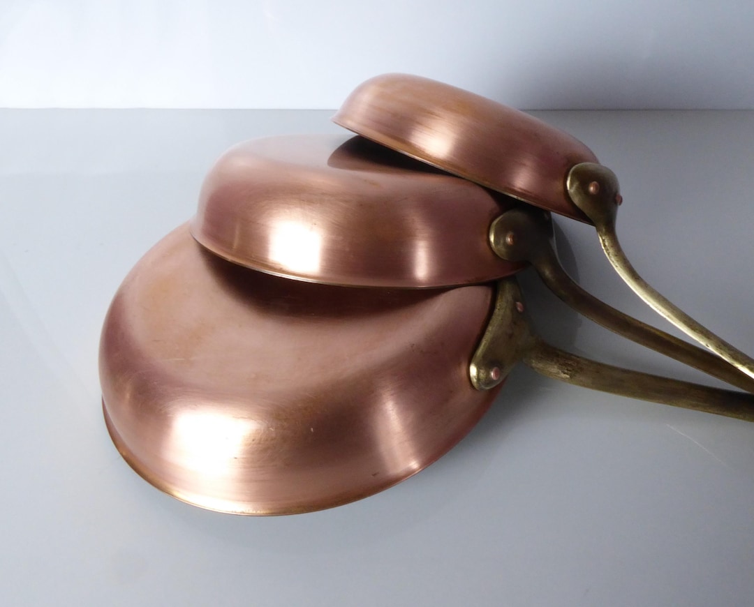 Set of Three Vintage Copper Skillets - French Copper Cookware - Tin ...