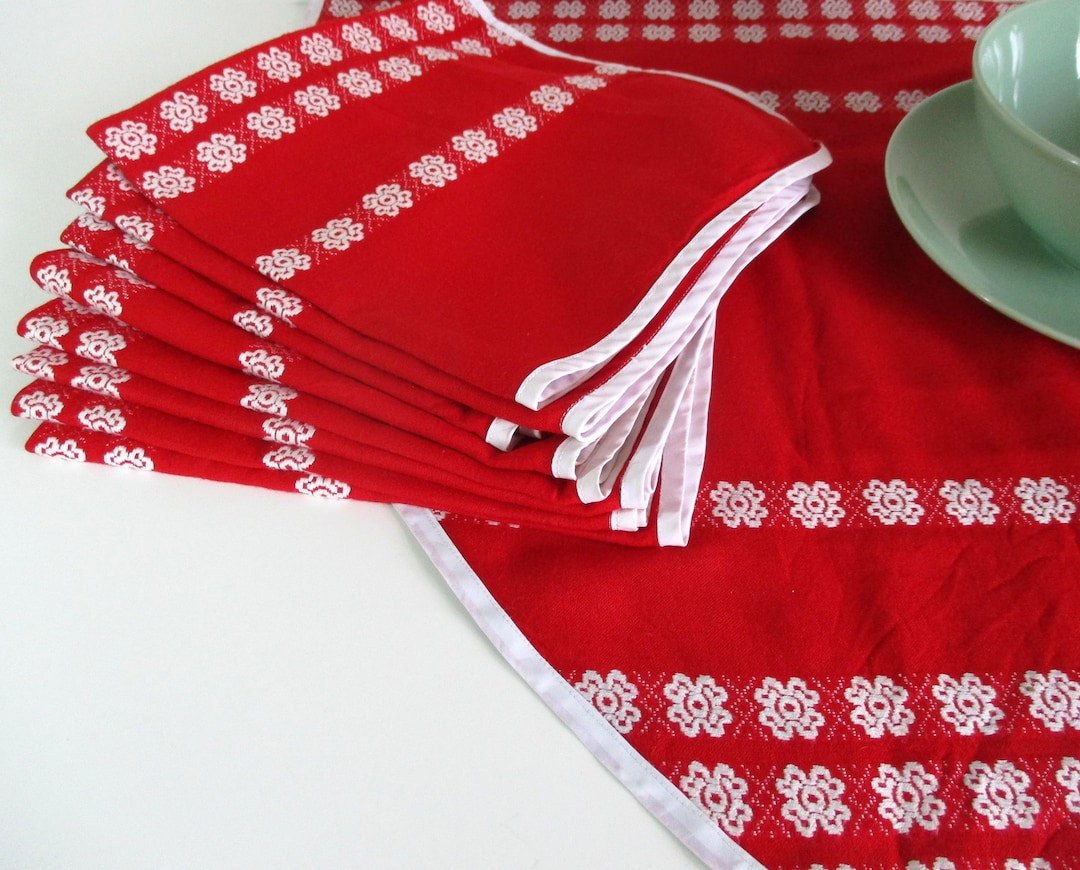 Vintage French Basque Linen Tablecloth & Napkins: Red Patterned Table ...