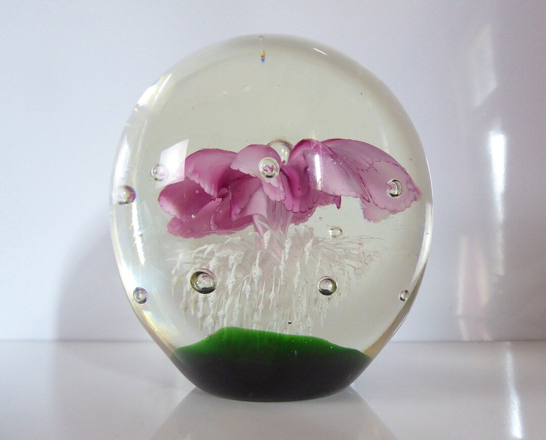 Large Glass Paperweight With Pink Flower Floral Glass Paperweight Heavy ...