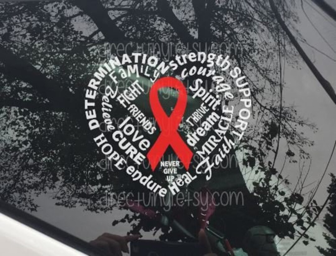 Red Awareness Ribbon With Words Forming Heart Decal (EB, AIDS, CHD ...