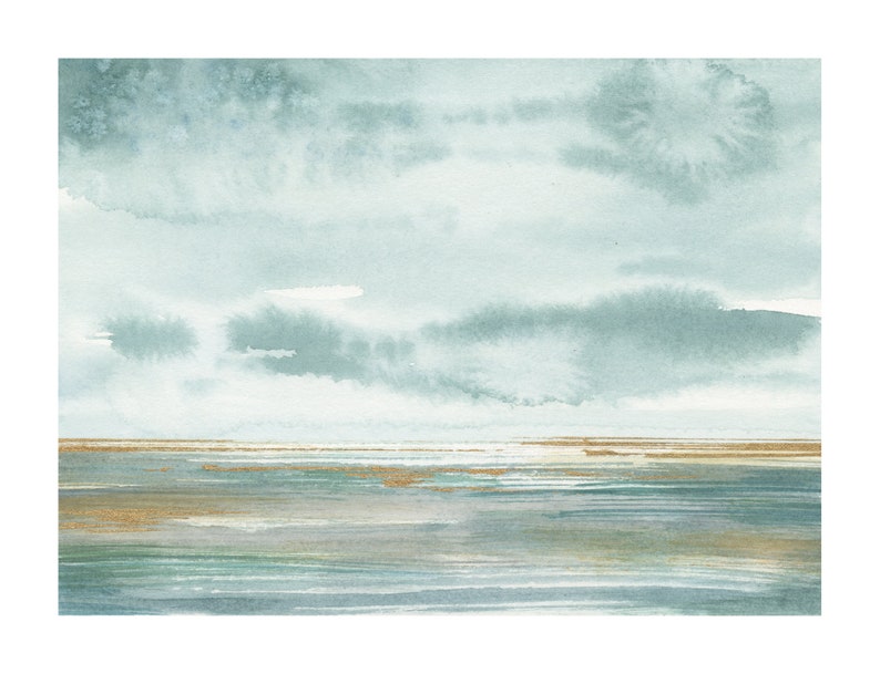 Serene Watercolor Landscape Painting Digital Download in Aqua Grey and ...