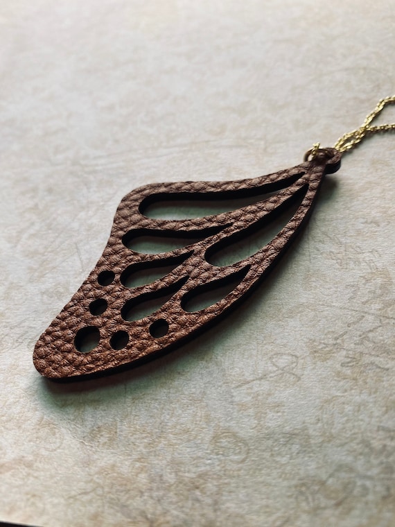 Butterfly Wing Pendant - Brown Leather Cutout Butterf… - Gem