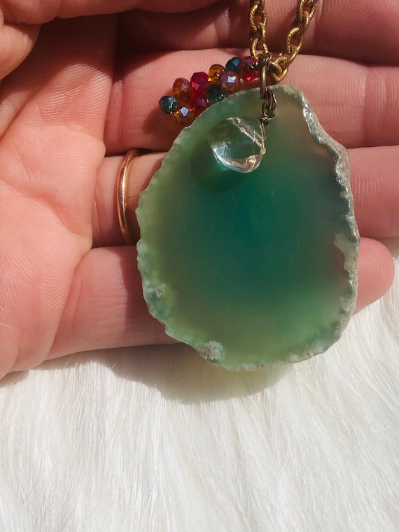 Green Agate Agate Slice Pendant Genuine Stone Necklace Raw Stone Necklace Justbeaditbydrue Etsy