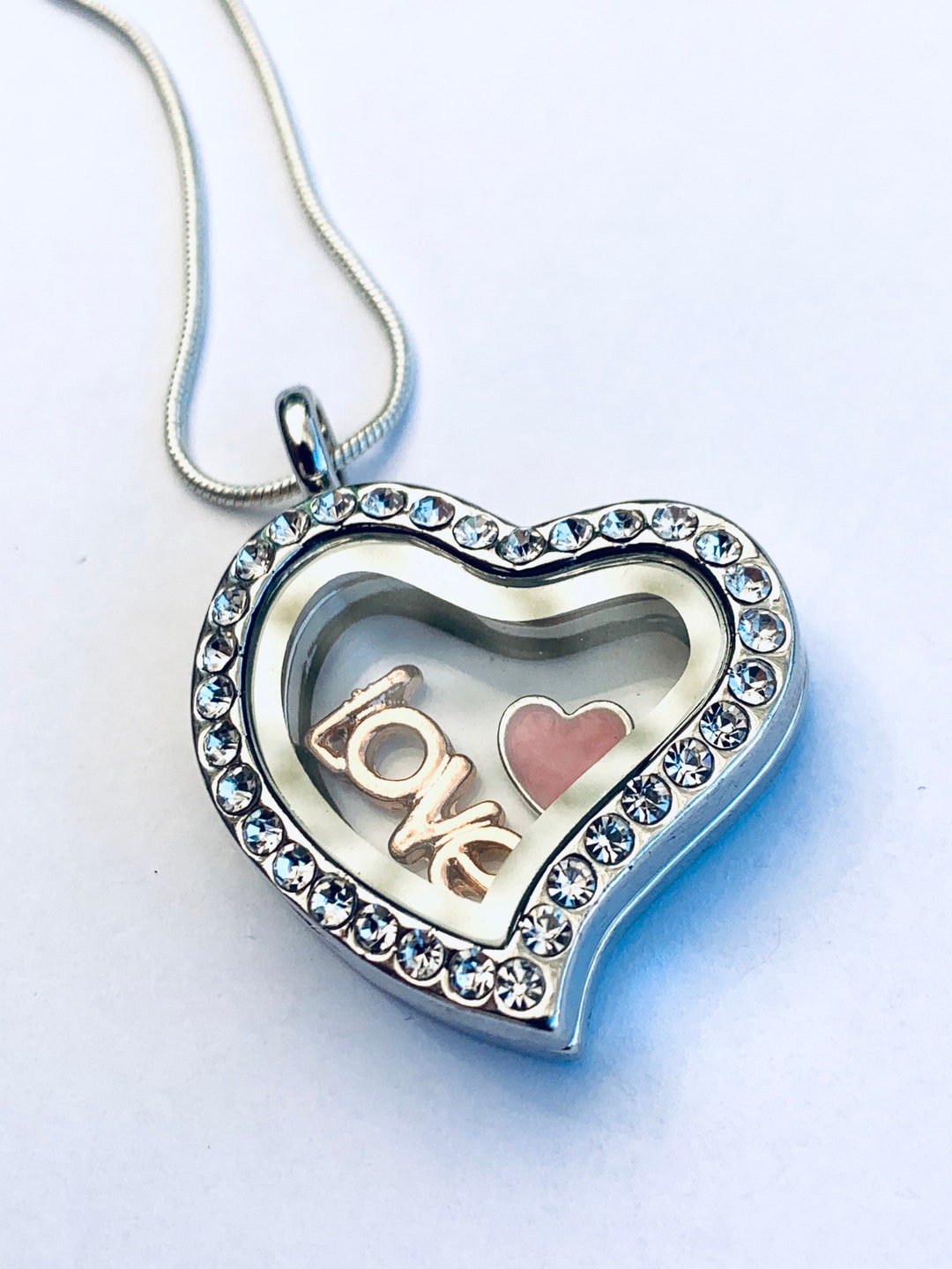 Heart Locket - Floating Heart Locket -love Necklace - Silver Rhinestone ...