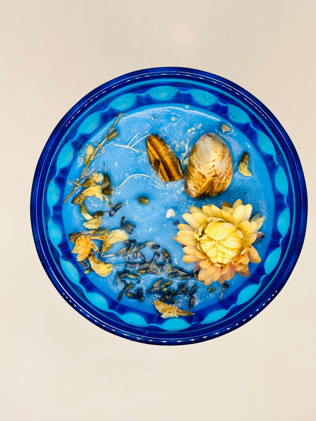 Vanilla Soy Wax Candle: Tigers Eye Crystal, Botanical Blue Container - Etsy