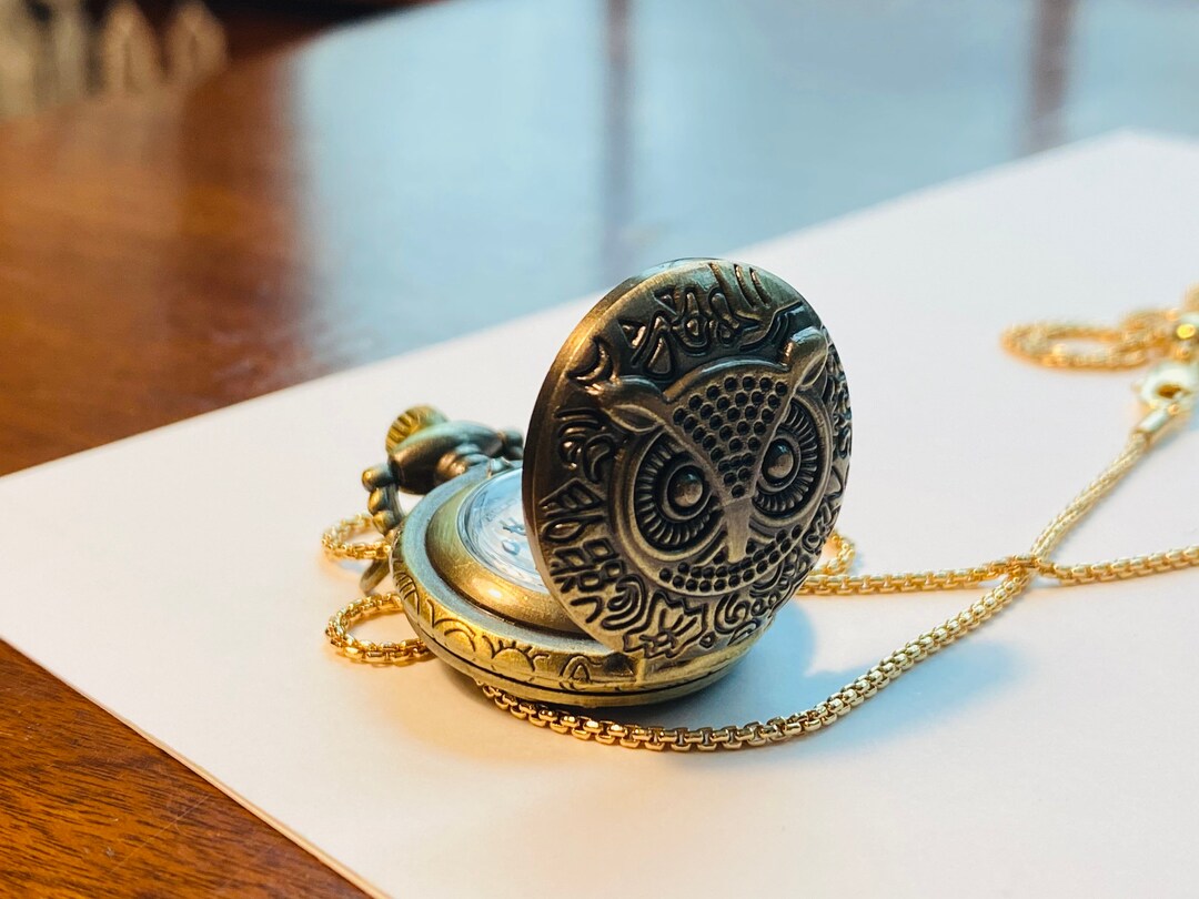 Owl Necklace - Pocket Watch Pendant - Bronze Owl - Gold Necklace ...