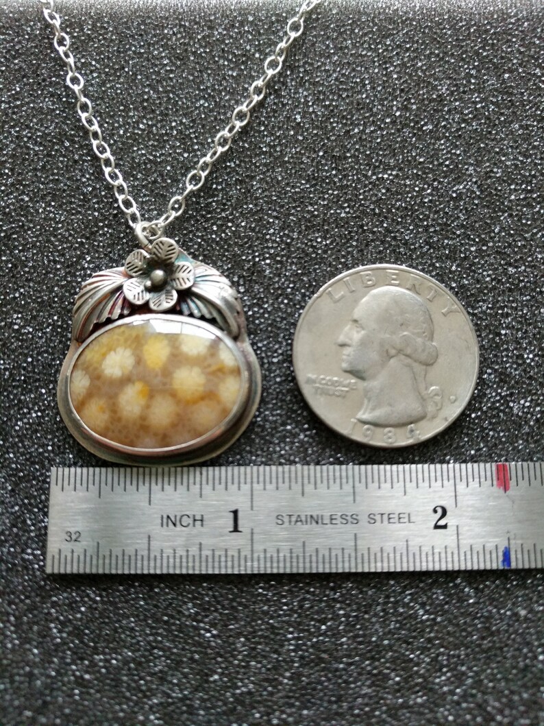 Petrified Coral and Tropical Flower Pendant in Sterling Silver Fossil ...