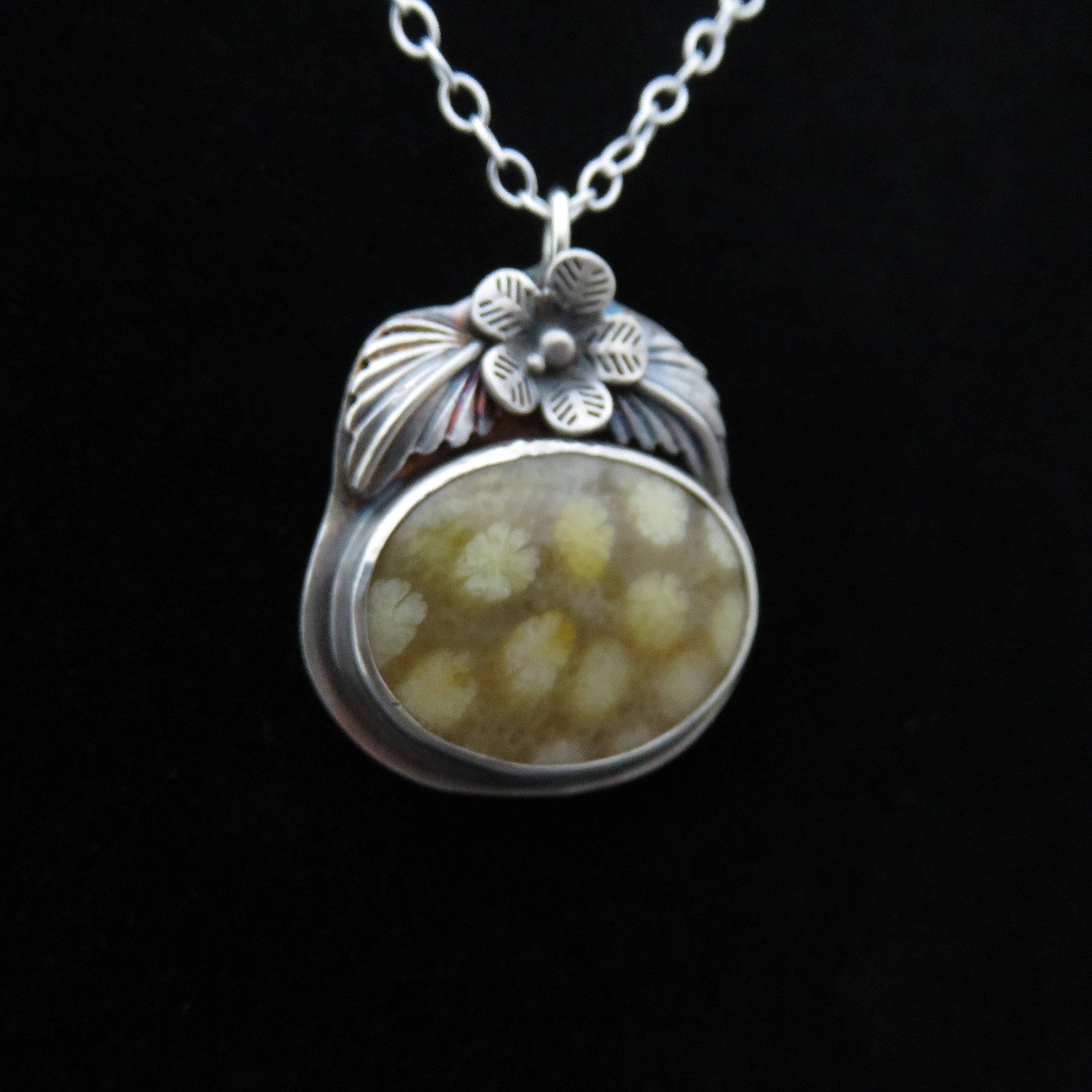 Petrified Coral and Tropical Flower Pendant in Sterling Silver Fossil ...