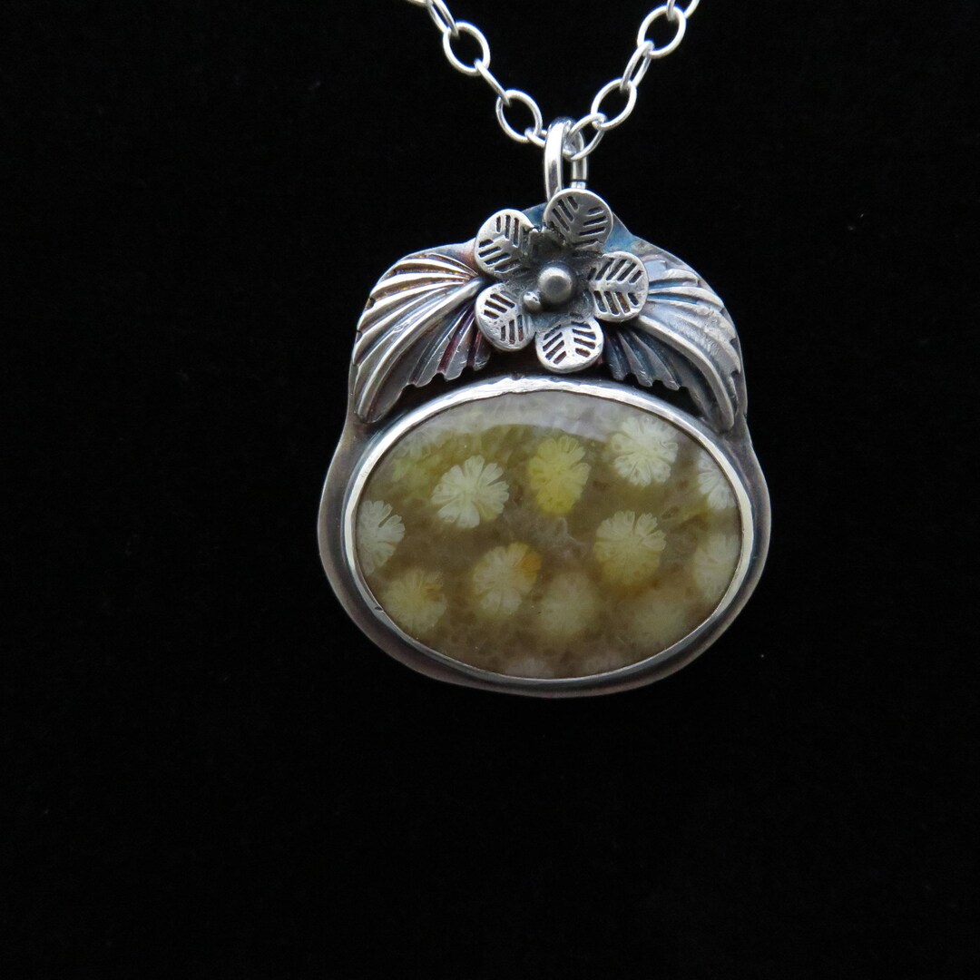 Petrified Coral and Tropical Flower Pendant in Sterling Silver Fossil ...