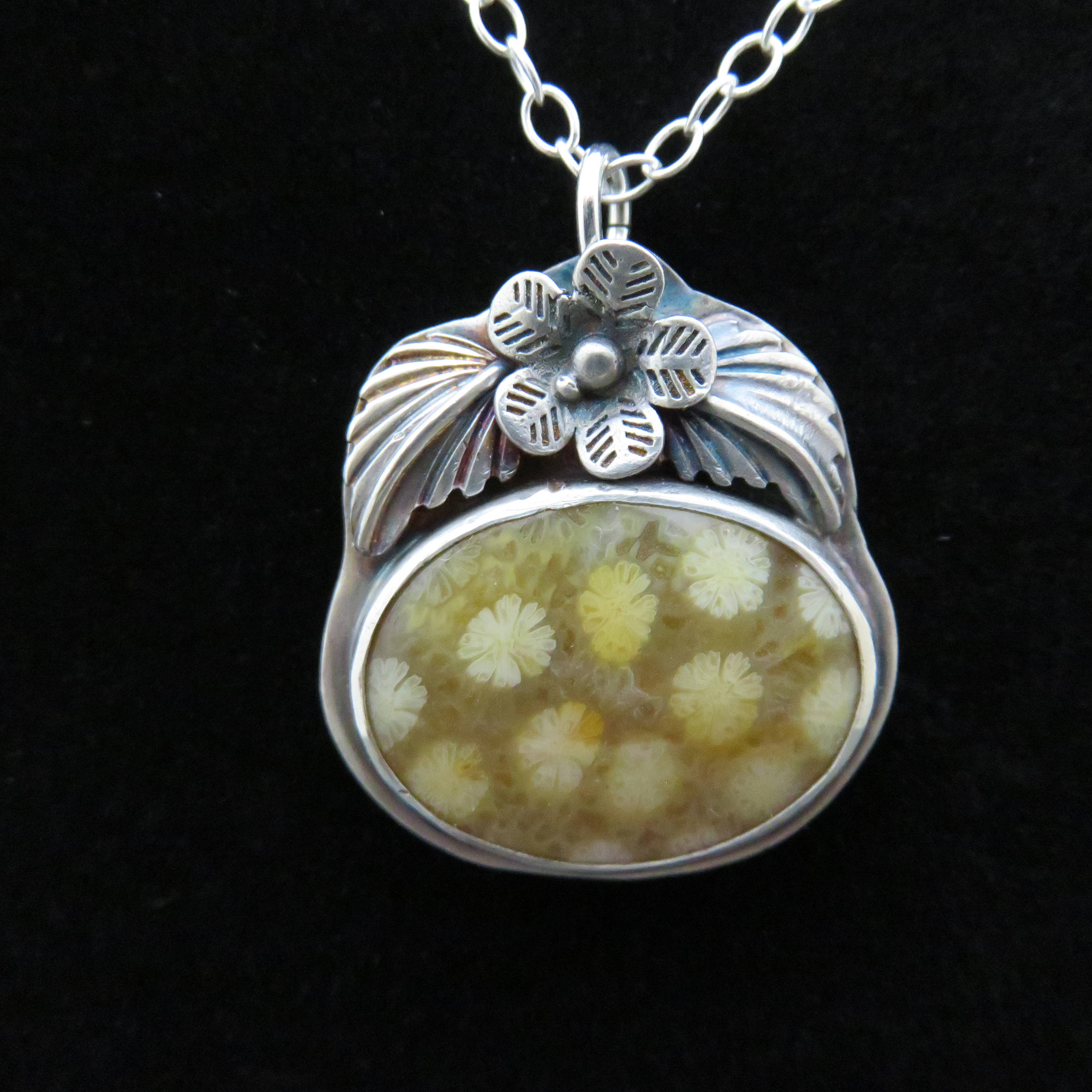 Petrified Coral and Tropical Flower Pendant in Sterling Silver Fossil ...