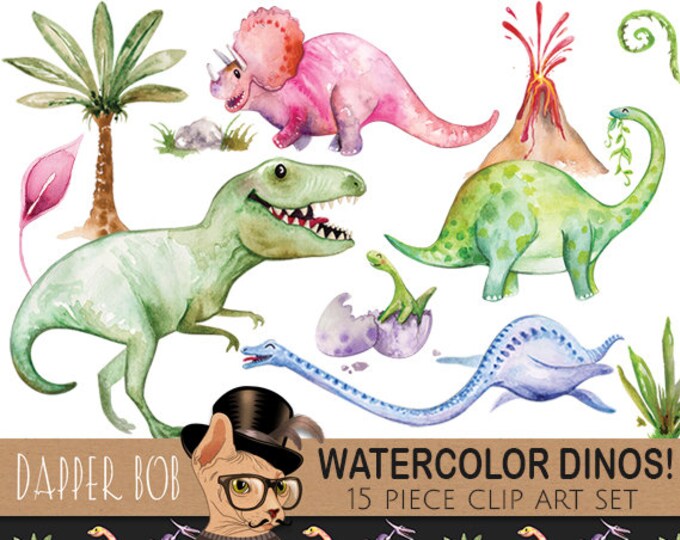 Watercolor Hand-painted Dinosaurs Clip Art Collection Dinosaur T-rex ...