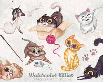Watercolor Whimsical Cat PNG Clip Art Collection | Etsy
