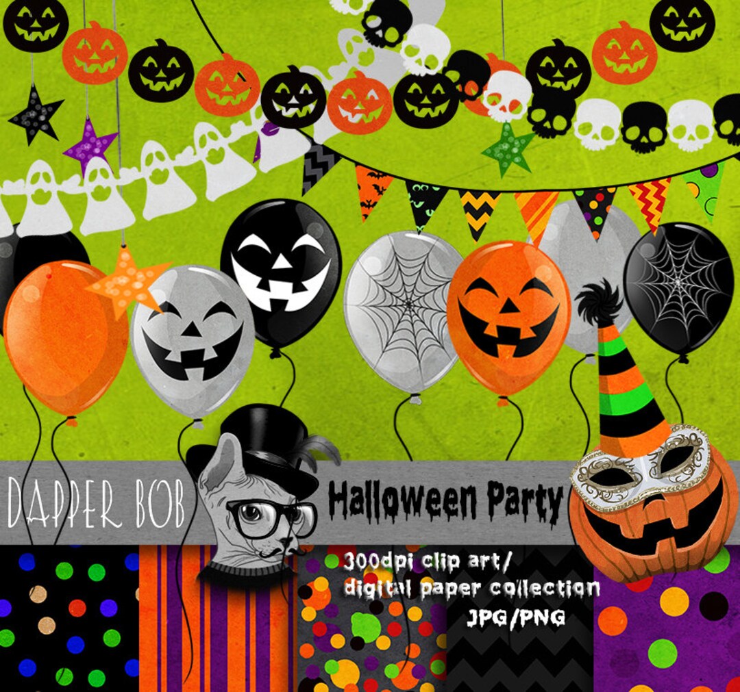 Halloween Party Balloons Banners and Streamers PNG Digital Clip Art ...
