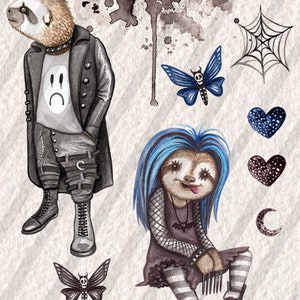 Watercolor Goth Sloths Clip Art Collection Hand Painted Gothic Cute Animals PNG Clipart Set - Etsy