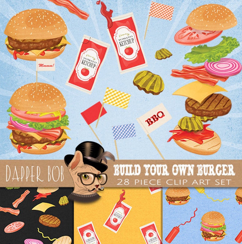 Build a Burger BBQ Clip Art Collection PNG Cheeseburger - Etsy