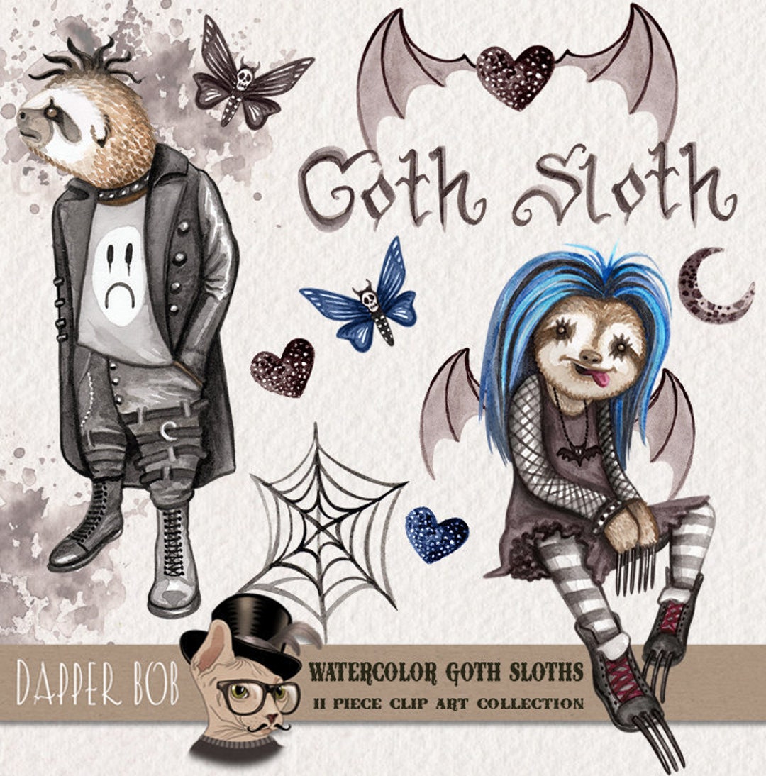 Watercolor Goth Sloths Clip Art Collection Hand Painted Gothic Cute ...