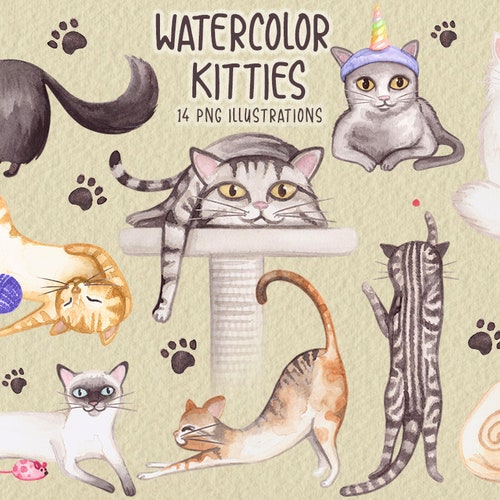 Watercolor Kitty Cats Clip Art Collection Hand Painted New - Etsy