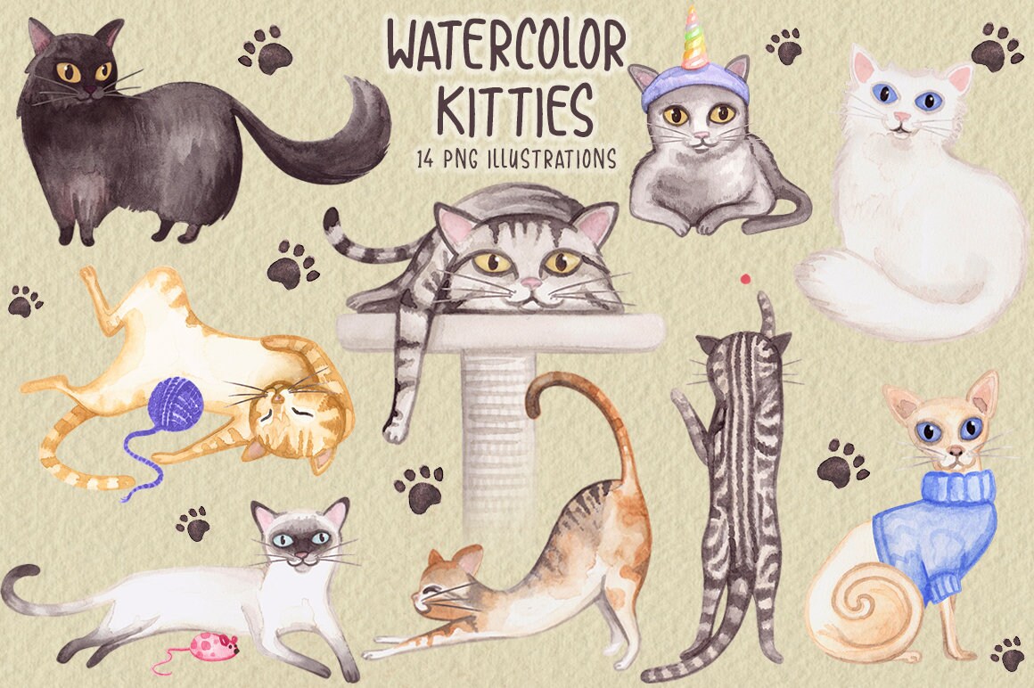 Watercolor Whimsical Cat PNG Clip Art Collection - Etsy Australia