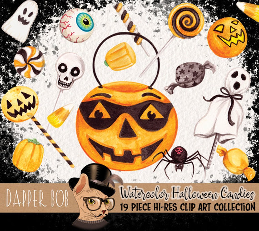 Watercolor Halloween Candies and Retro Candy Pail Cliip Art Elements ...