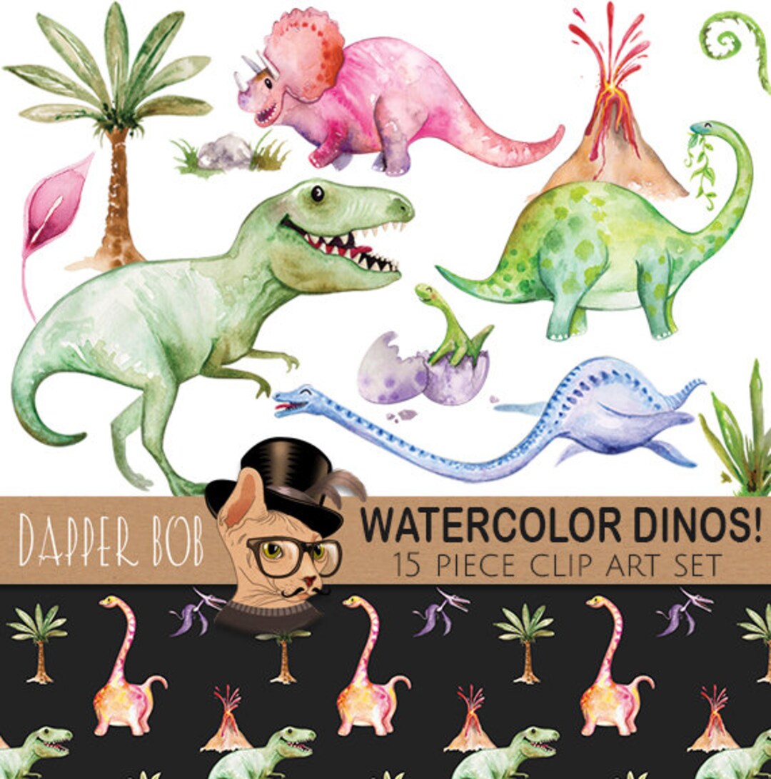 Watercolor Hand-painted Dinosaurs Clip Art Collection Dinosaur T-rex ...