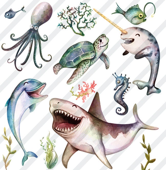 Watercolor Sealife Underwater Creatures Clip Art Collection - Etsy
