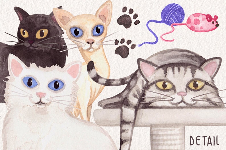 Watercolor Whimsical Cat PNG Clip Art Collection - Etsy