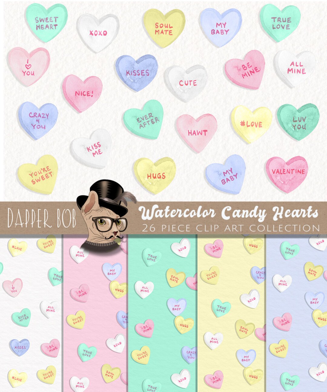 Watercolor Candy Hearts Digital Clip Art Elements and Repeating Pattern ...
