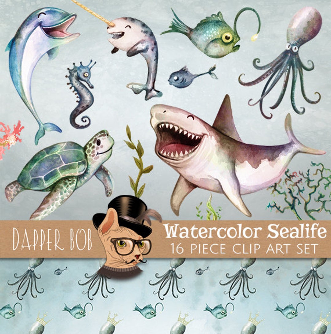 Watercolor Sealife Underwater Creatures Clip Art Collection Aquatic ...