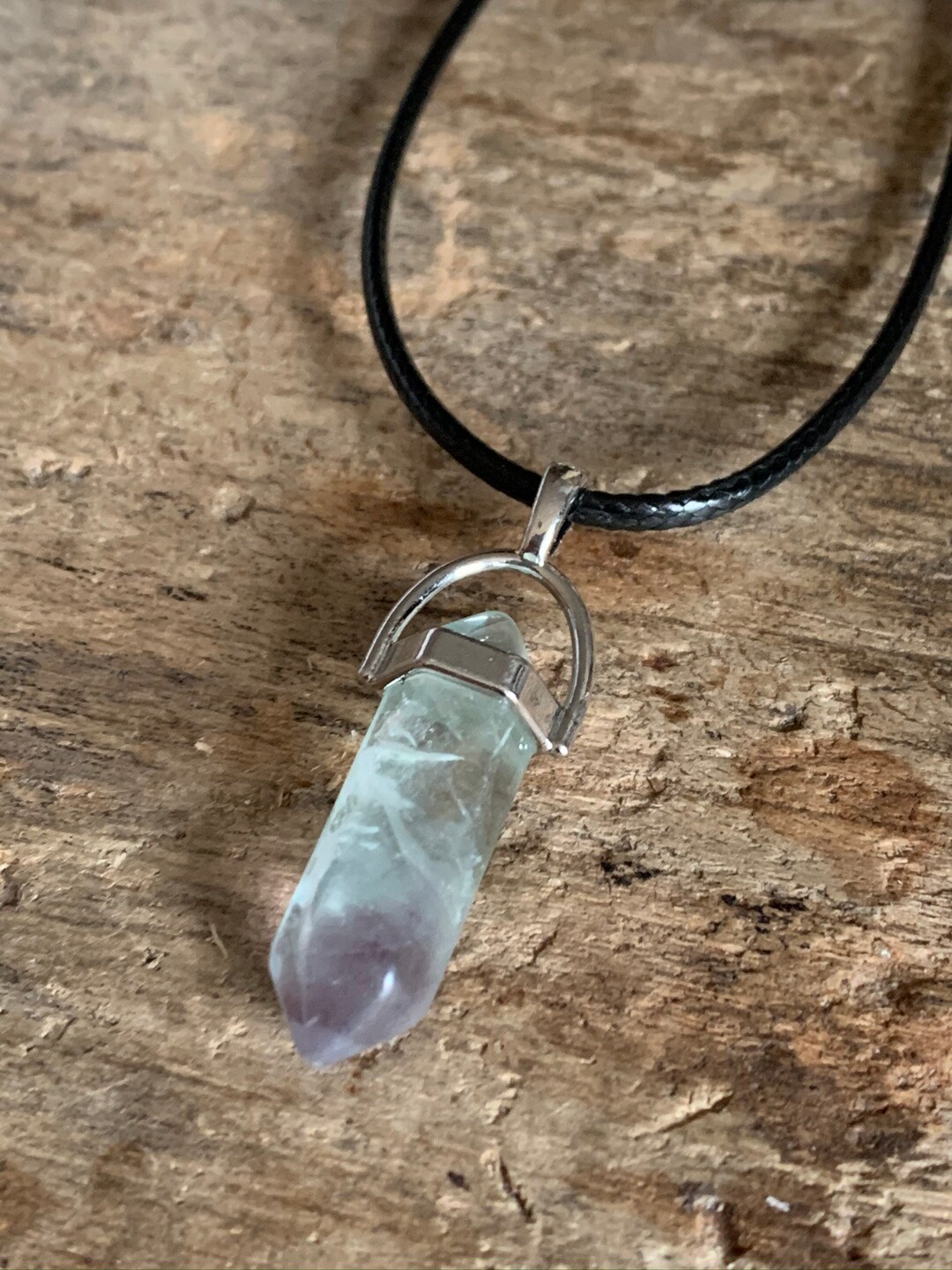 Green and Purple Transparent Stone Pendulum Necklace and Black Leather ...