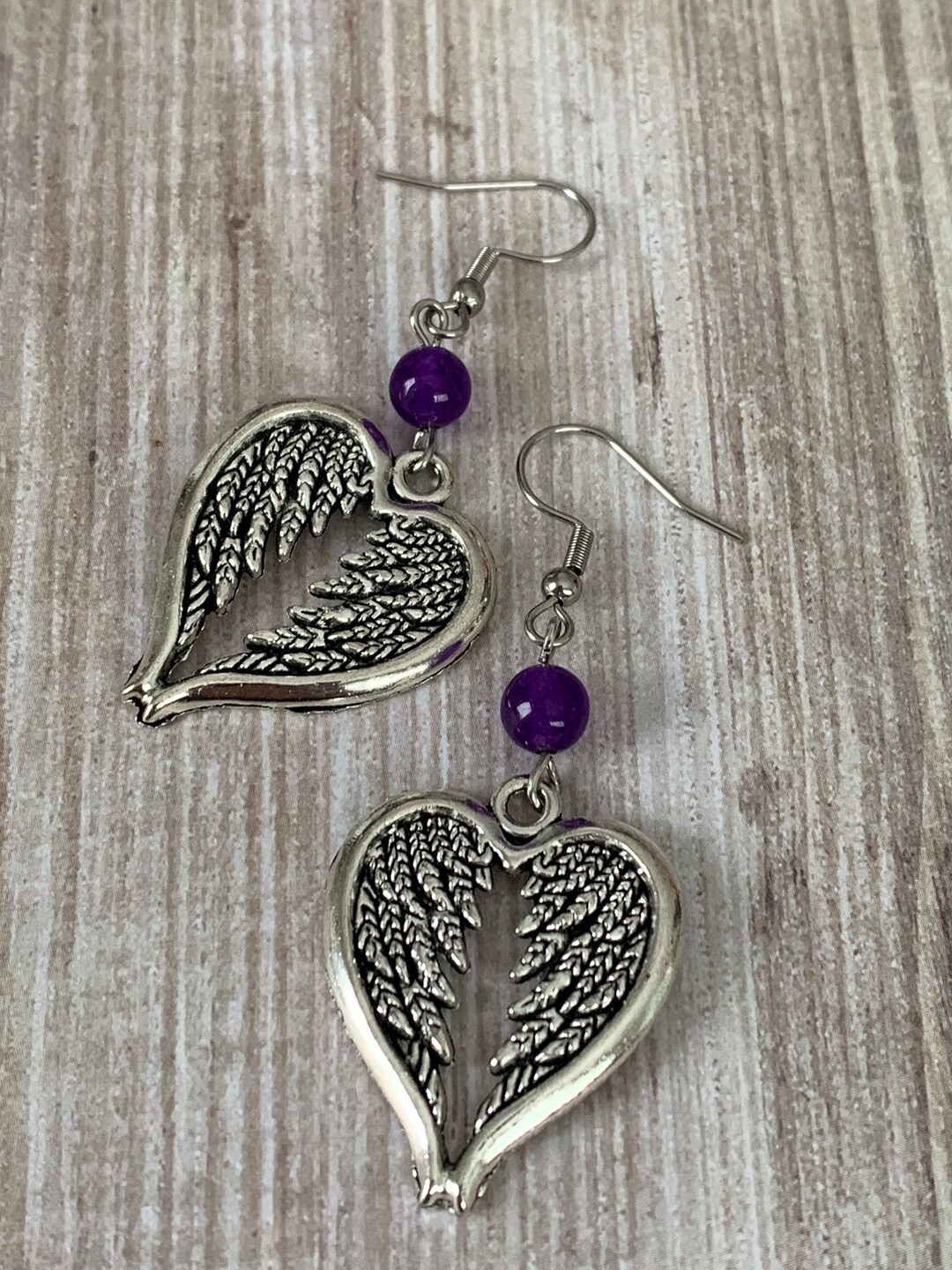 Angel Heart Charm and Purple Glass Bead Earrings - Etsy