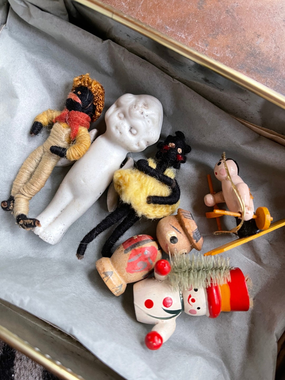 Collection of 6 Tiny Dolls in a British Tin, Flower Confectionery Tin ...