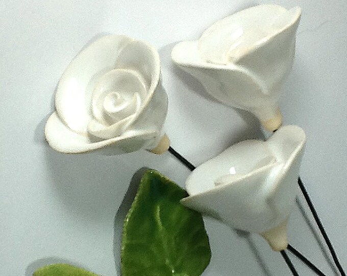 Roses White Ceramic Roses 3 White Roses & 2 Ceramic Leaves. Made by ...